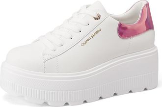 Queen Helena Sneakers Platform Hohe Turnschuhe mit Keilabsatz Casual Damen X32-11, Weiß und Rosa., 41 EU