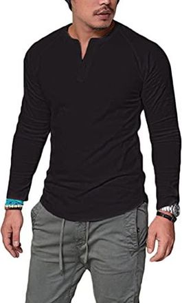 ORANDESIGNE Homme T-Shirt à Manches Longues Coupe Slim Henley T-Shirt Décontractée Col en V Maillots de Corps Tee Shirt Basiques A Noir XXL