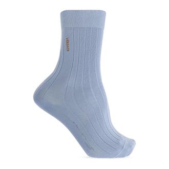 Versace Femme, Sous-v&ecirc;tements, Bleu, Taille: M Chaussettes c&ocirc;tel&eacute;es en coton brod&eacute;