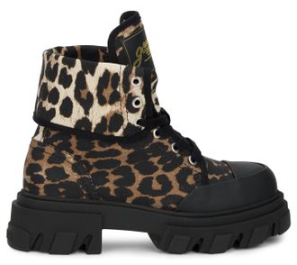 Ganni Womens Ankle Boots Leopard Print Almond Milk Cotton