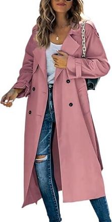 Generic Trench Long for femmes, pardessus d&eacute;contract&eacute; de couleur unie for lautomne et lhiver avec col &agrave; revers et manches longues(Pink,XXL)