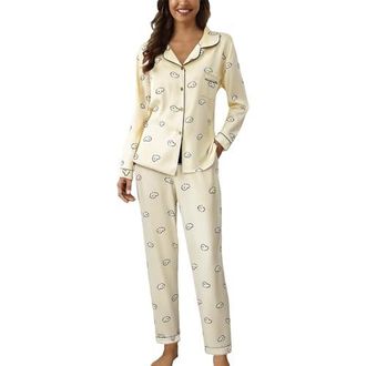 Generic Pyjama Combinaison Femme Pyjama Femmes Ete Satin Deux Pi&egrave;ces D&eacute;contract&eacute; &agrave; Manches Longues Et Boutonn&eacute; pour Femme Pijamas Coton Robe D Hotesse D Inter