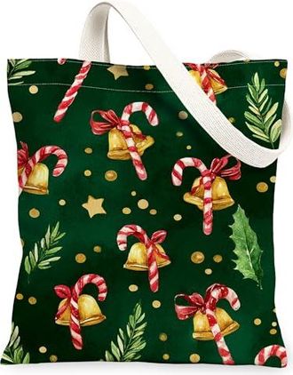 Generic Sacs fourre-tout en toile de vacances, motif cloche et canne &agrave; sucre dorge, sacs de courses r&eacute;utilisables, joyeux, l&eacute;gers et lavables, pour voyage, pi