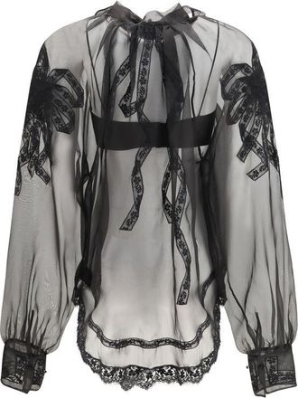 Ermanno Scervino Lace and Bow-Tie Detail Silk Blouse - Black