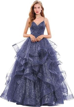 Generic Robe de bal en tulle paillet&eacute; avec col en V et bretelles spaghetti, robe de demoiselle dhonneur, robe de soir&eacute;e formelle longue &agrave; &eacute;tages, Bleu houleux