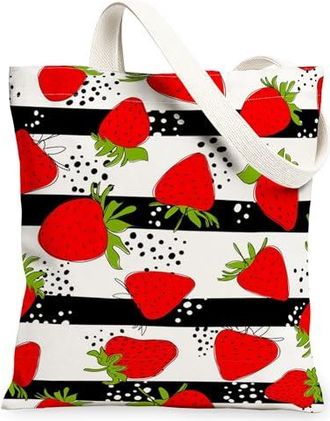 Generic Sacs fourre-tout en toile &agrave; imprim&eacute; fraise, sacs &agrave; provisions r&eacute;utilisables &agrave; motif de fruits, sacs &agrave; provisions d&eacute;t&eacute;, l&eacute;gers et lavables, Rouge, 13x1