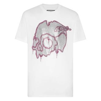 Philipp Plein Homme, Tops, Blanc, Taille: 5XL T-shirt Col Rond MC avec cristaux Dripping Skull