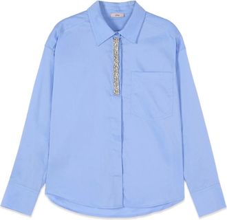 Oltre Femme, Blouses et Chemises, Bleu, Taille: 46 FR Chemise Popeline avec Broderie de Bijoux