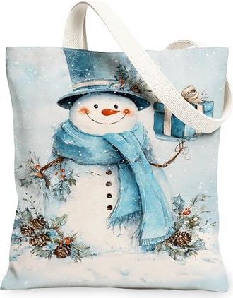 Generic Sacs fourre-tout en toile motif bonhomme de neige dhiver, sacs d&eacute;picerie r&eacute;utilisables, vintage, l&eacute;gers, lavables, bleu, 13x15 Inch