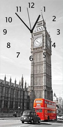 Wallario Design-Wanduhr, Acrylglasuhr Gr&ouml;&szlig;e 30 x 60 cm, Schwarze Zeiger, Motiv London Red Bus