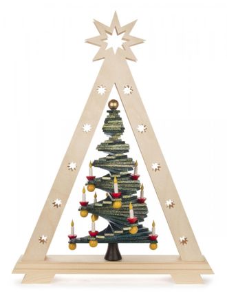 Rudolphs Schatzkiste Schwibbogenspitze Stufenbaum Goldeffekt mit LED-Beleuchtung (Input 100-240V) 36x48x15cm NEU Lichterbogen Fensterbild Erzgebirge