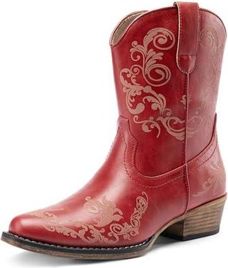 Dream Pairs Bottes Femme Western Cowboy Courtes Bout Carré Confortables Mode,Size 41.5,Rouge,SDAB2407W
