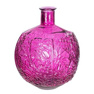 Gilde Vase Dschungel aus Glas - Blattmotiv - Rund - Gl&auml;nzend - Magenta - H&ouml;he 44cm x &Oslash; 33cm - wasserdichte Blumenvase