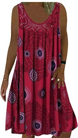 Minetom Dentelle Robe Été Femme de Plage Rétro Robes Col Rond Robes au Genou sans Manches Imprimé Floral Casual Tuniques Ample A Rouge XXL