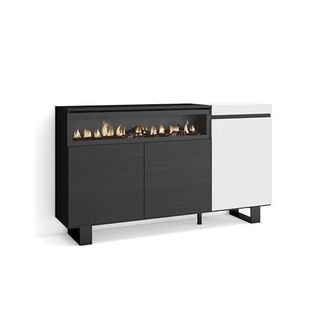 Skraut Home | Sideboard, Highboard | Kommode, Komodenschrank | 150x87x35cm | 3 T&uuml;ren | Elektrokamin. Ma&szlig;e | Industriedesign | Moderner Stil | Wei&szlig; und Schwarz