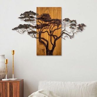 Wallity Hand-Painted Decorative Wooden Wall Accessory, 90 x 58 x 3 cm | 100% Solid Wood (3 cm) & Metal (1.5 mm) | Unique Color Variations for Stylish Home Dec