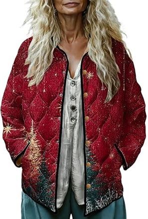 Generic Veste matelassée à imprimé sapin de Noël pour femme - Manteau matelassé rétro fantaisie avec motif graphique festif, manches longues boutonnées et col