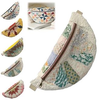 Generic Vintage-Inspired Patchwork Quilted Sling Bag,Curved Crossbody Bag with Adjustable Strap,Bohemian Fabric Shoulder Satchel (C)