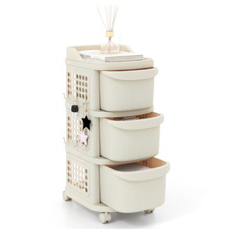 Giantex Rollwagen mit 3/4 Schubladen, Rollcontainer mit 6 Haken & 2 feststellbaren R&auml;dern, mobiler Schubladenwagen f&uuml;r Werkzeuge, Dokumente (3 Schubladen)