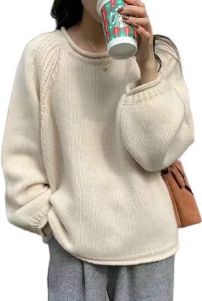 Generic QXDZSW Pull en laine &agrave; col rond pour femme Pull &eacute;pais Automne Hiver Mode Couleur unie V&ecirc;tements Tricot Top, beige, XL