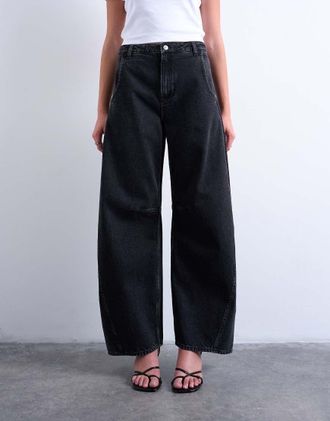 Topshop Horseshoe Barrel - Circular Design - Jean &agrave; taille haute - Noir d&eacute;lav&eacute;