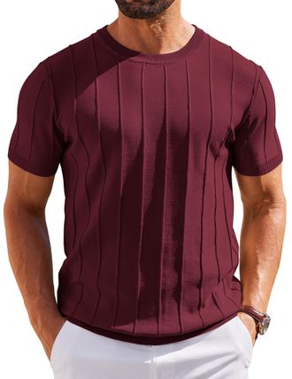Coofandy Herren T-Shirt Kurzarm Strick Shirt mit Rundhals Shirt Casual Pullover Gestreiftes Strickshirt Sommer Oberteile Weinrot XXL