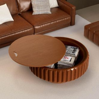 Generic Runder Couchtisch mit Stauraum, moderner, handgefertigter, geriffelter runder Couchtisch mit massivem, furniertem und stabilem Sockel, f&uuml;r Wohnzimmer,