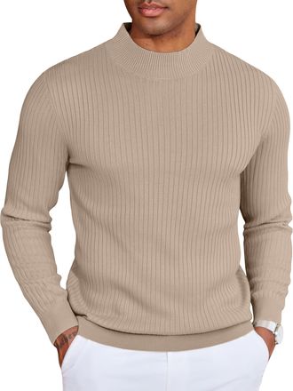 Coofandy Herren Pullover Stehkragen Winterpullover Gerippter Rollkragenpullover Warm Strickpulli Ribbed Mock Neck Sweater Khaki XL