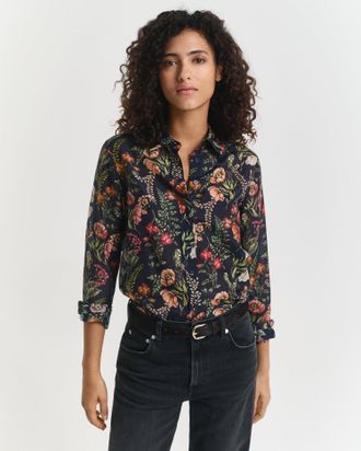 GANT Damen Regular Fit Bluse aus Baumwolle und Seide mit Blumen-Print (44) EVENING Blau