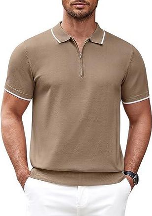 Coofandy Polo à Fermeture Éclair pour Hommes T-Shirt Polo en Tricot à Manches Courtes Chemises de Golf dété Kaki XXL