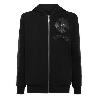 Philipp Plein Homme, Sweatshirts et sweats &agrave; capuche, Noir, Taille: XL Zip Sweat &agrave; capuche with Leather Inserts Chrome Crest