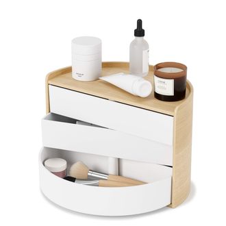 Umbra Moona Schmuckaufbewahrung, Makeup Organizer und Accessoire Organizer mit drehbaren Schubfächern, 3-lagig, Weiss / Natur
