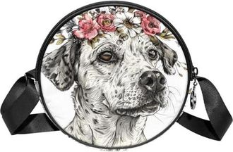 Generic Petit sac &agrave; bandouli&egrave;re rond pour femme, motif fleurs de chien, sac &agrave; dos avec fermeture &eacute;clair, bretelles r&eacute;glables, sac &agrave; main rond d&eacute;contract&eacute; pour