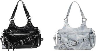 Generic Sac &agrave; bandouli&egrave;re en cuir synth&eacute;tique pour femme avec sangle r&eacute;glable pour le travail, le shopping, les voyages, Noir+Bleu, 14.96x5.12x9.84inch