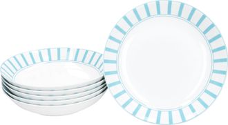 MamboCat Split türkis 6er Set Suppenteller I 450ml I weißes Porzellan-Geschirr mit Streifen für 6 Personen I Tiefe Teller für Salat, Suppe, Müsli, Pasta & Co