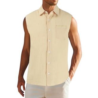 Generic Chemise dentra&icirc;nement en coton et lin pour homme - Style d&eacute;contract&eacute; et tendance - Couleur unie - Sans manches - En coton et lin - Col simple boutonna