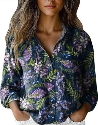 Generico Chemise Femme Curvy Manches Longues Chemisier en Lin Coton D&eacute;contract&eacute; Respirant Chemises Col en V Classique T Shirt Vintage Imprim&eacute; avec Boutons Mode