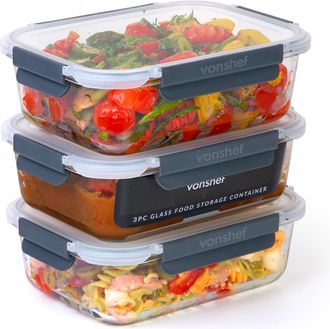 VonShef VonHaus Glasbeh&auml;lter mit Deckeln - 3-teiliges Meal-Prep-Lunchbox-Set mit 1500ml Fassungsverm&ouml;gen, Ofen- und sp&uuml;lmaschinengeeignet, Luftdichte auslaufs