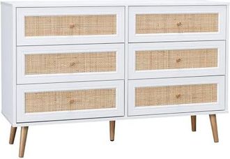 Sweeek Commode Effet Bois et cannage 6 tiroirs Bohème. Blanc - 120x39x79cm