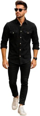 True Face Chemise en jean pour homme 100% coton &agrave; manches longues avec col boutonn&eacute; et effet lav&eacute; - Multi-poches, Noir, XL