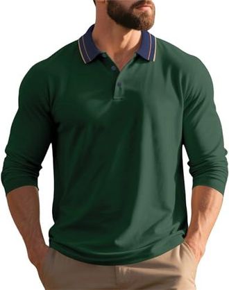 Generic Polo &agrave; manches longues pour homme - Style classique boutonn&eacute;, tissu sweat-shirt, col contrast&eacute;, polo intemporel pour un usage quotidien, Vert noir, XX