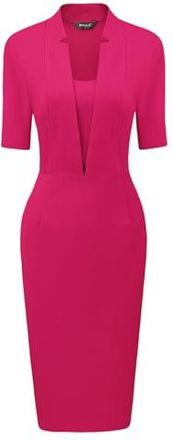 Allegra K Robe fourreau pour femme, col en V, manches courtes, robe midi moulante pour le travail et le bureau, fuchsia, S