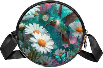 Generic Petit sac &agrave; bandouli&egrave;re circulaire pour femme, motif colibri, marguerites, sac &agrave; dos &agrave; bandouli&egrave;re avec fermeture &eacute;clair, bretelles r&eacute;glables, sac &agrave; m