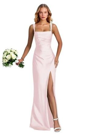 Generic Robe de demoiselle dhonneur en satin pour femme - Robe de bal sir&egrave;ne - Bretelles spaghetti - Corset long pliss&eacute; - Robe de soir&eacute;e formelle avec fente, 