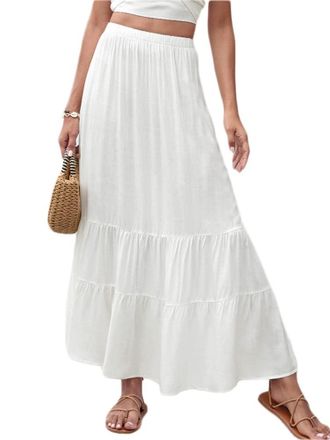 Onsoyours Damen Baumwolle Rock Boho Sommerrock Flowy Maxi Langer Rock Elastische Taille Unifarben Strandrock R&uuml;sche Long Rock A Wei&szlig; XL