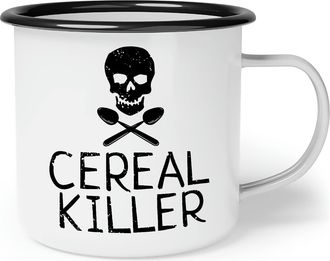 OM3 lustige Emaille-Tasse mit Spruch - Cereal Killer Totenkopf | Emailletasse Emaille Becher | 12oz 300ml | Beidseitig Bedruckt | Weiß-Schwarz