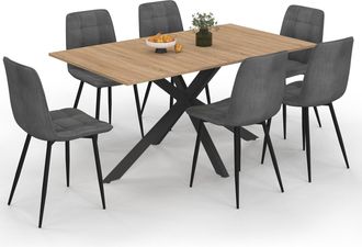 IDMarket Esstisch-Set, rechteckig, Alix, 160 cm, Holz und Schwarz und 6 St&uuml;hle Mila aus Velours, Dunkelgrau