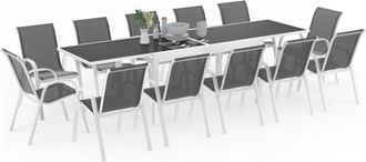 IDMarket Salon de jardin MADRID table extensible 135-270 CM et 12 chaises empilables blanc et gris