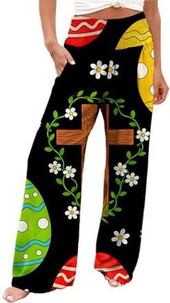 Generic Pantalon large smock&eacute; taille haute pour femme - Motif oeufs de lapin de P&acirc;ques - Pantalon palazzo l&eacute;ger et fluide - Costume de lapin de P&acirc;ques pour ad