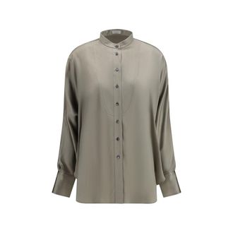 Brunello Cucinelli Monili-Trimmed Silk Shirt - Beige
